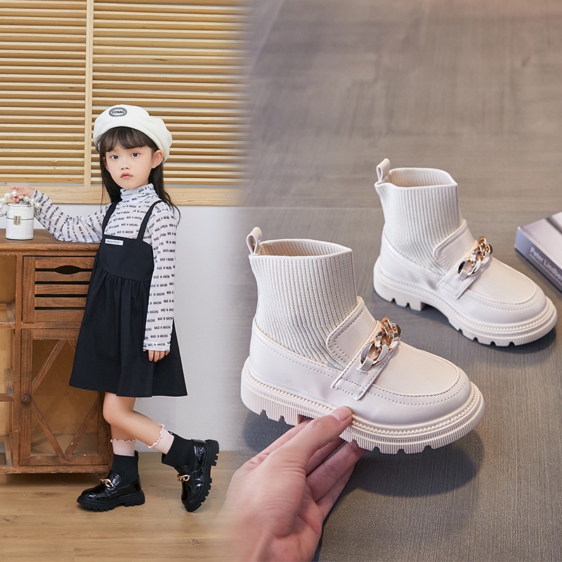 Children Socks Boots Fashion Girls Leather Boots Shoes Metal Chains ...