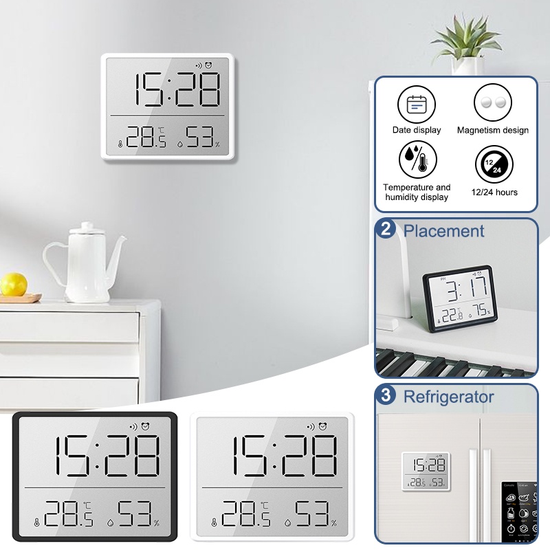 Magnetic LCD Digital Alarm Clock Large Screen Date Temperature Humidity ...