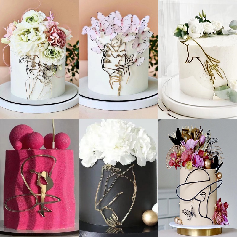 Gold Acrylic Minimalist Art Lady Face Cake Topper Girl Happy Birthday ...