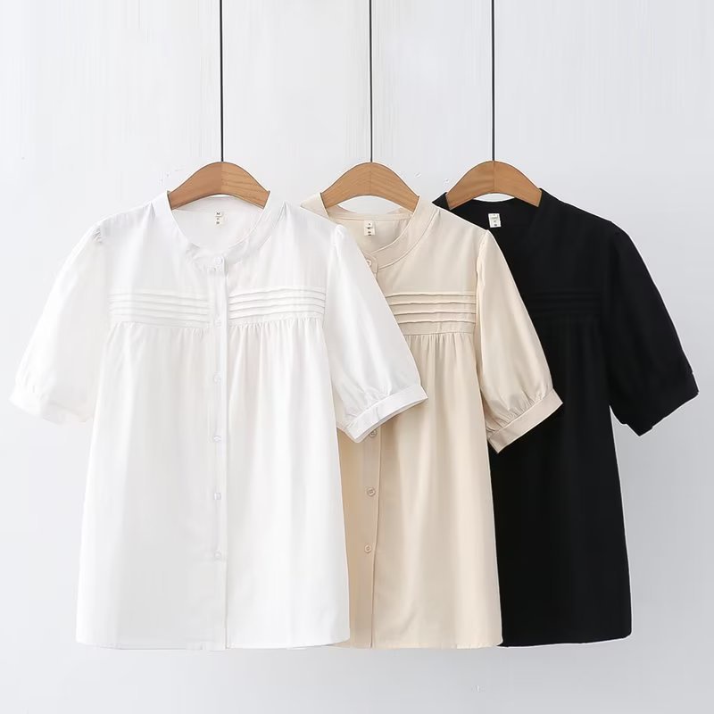 [Ready Stock]Women 100% cotton gauze Short Sleeve Blouse Solid Color ...