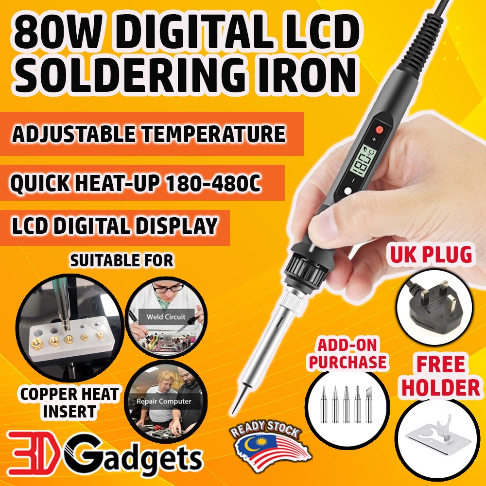 80W Adjustable Temperature LCD Digital Electronics Soldering Iron Welding Iron Tool for 3D ...