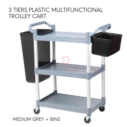 Medium Grey Plus Bins 3 Tiers Plastic Multifunctional Cart Food Court ...