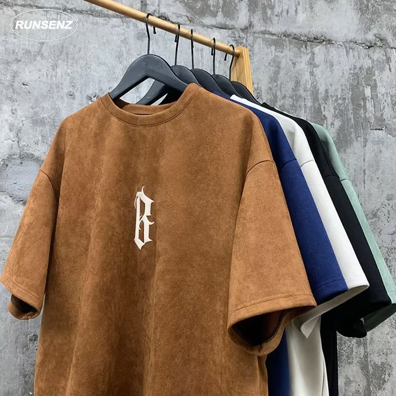 Fashion Vintage Suede Short Sleeve T Shirt Men Casual Loose Round Neck ...