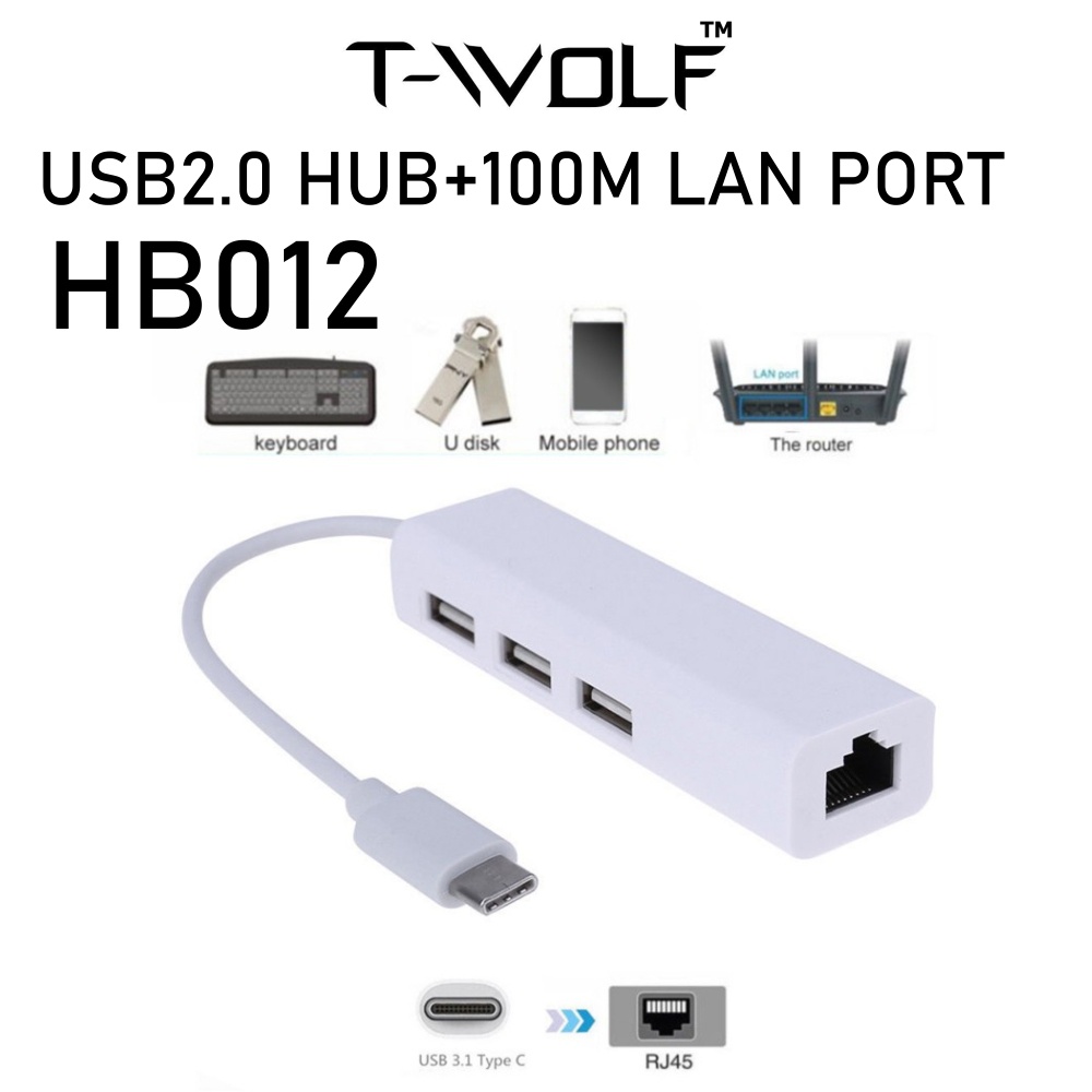 T-WOLF HB012 Type-C to RJ45 LAN PORT + USB HUB Ethernet Network LAN ...