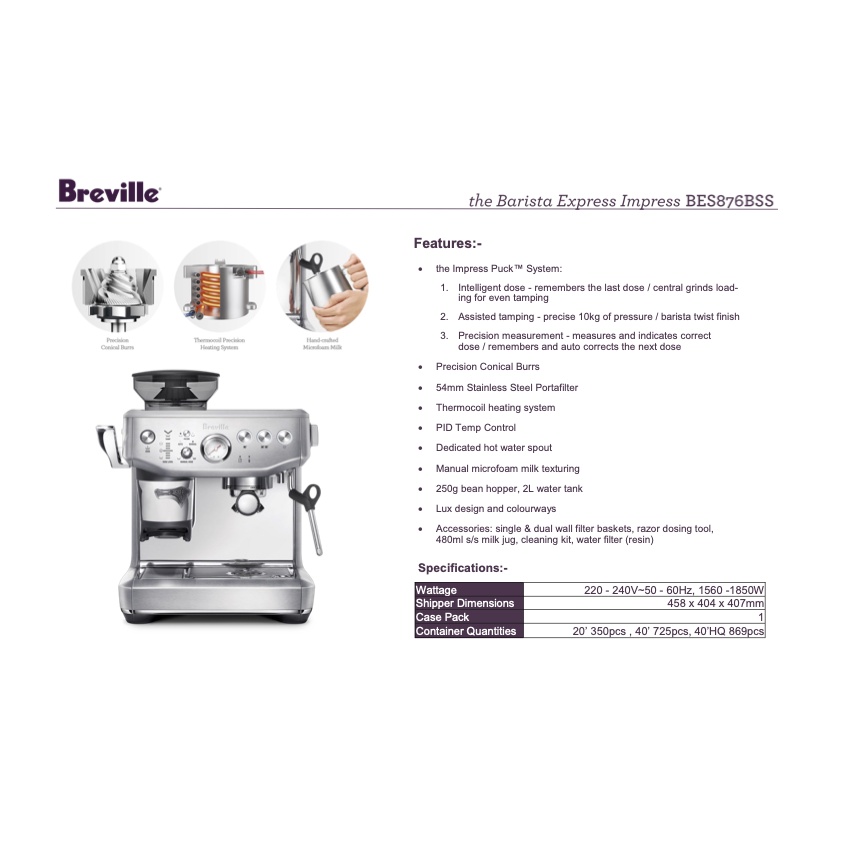 Breville BES876 Barista Express Impress Espresso Coffee Machine with ...