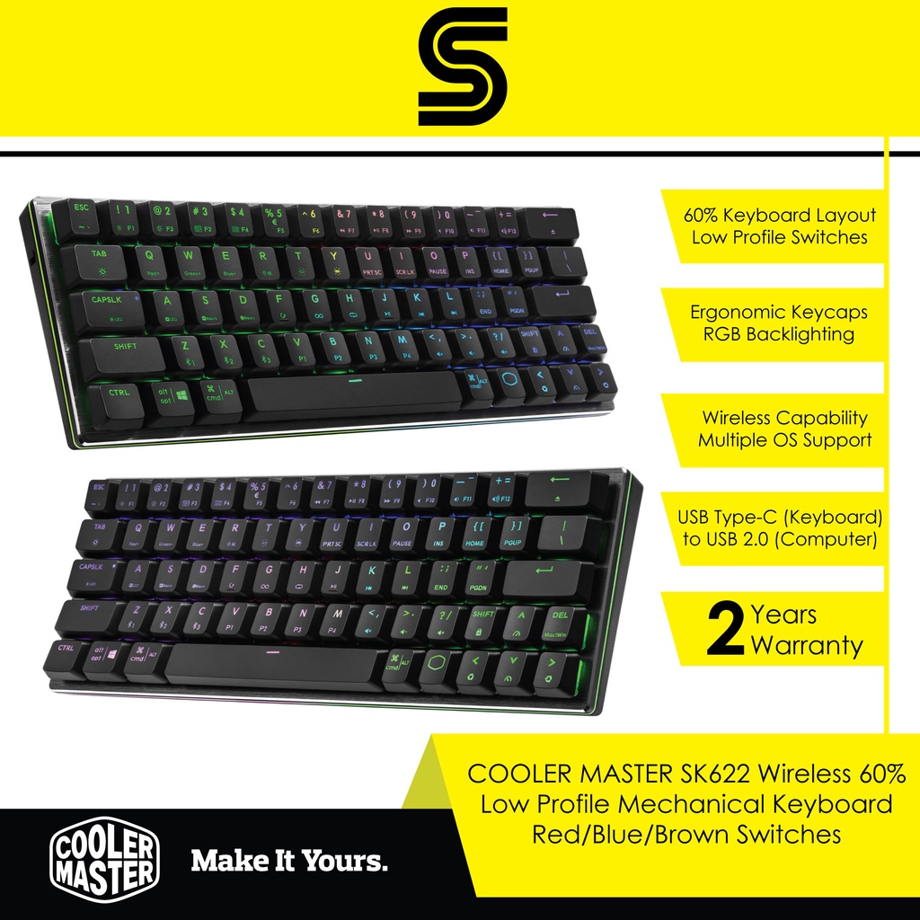 COOLER MASTER SK622 Wireless 60% Low Profile Mechanical Keyboard - Red ...