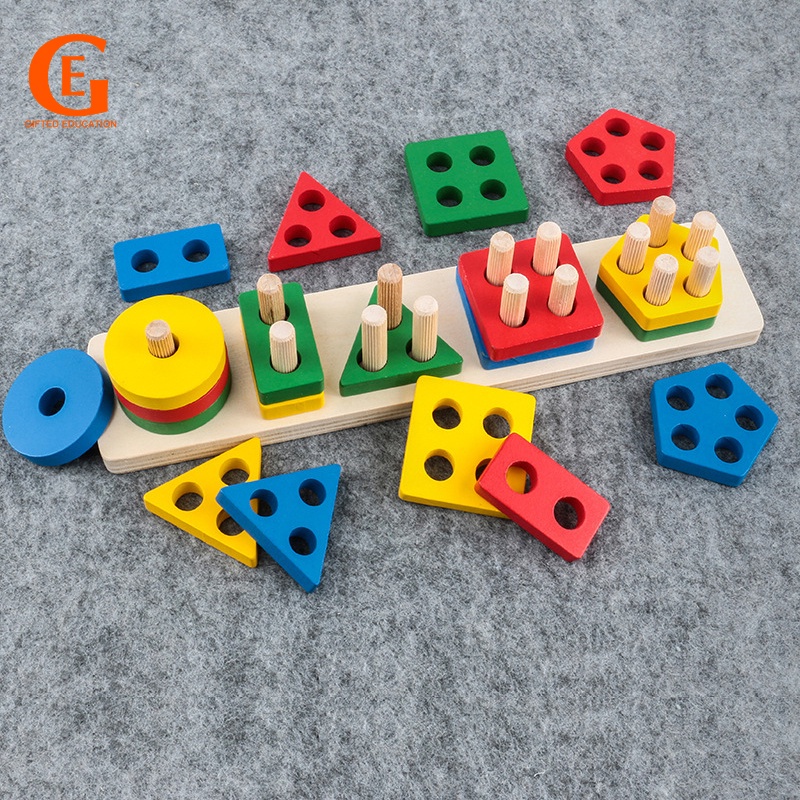 Kids Wooden Montessori Geometric Shape Matching Board Toy Colorful ...