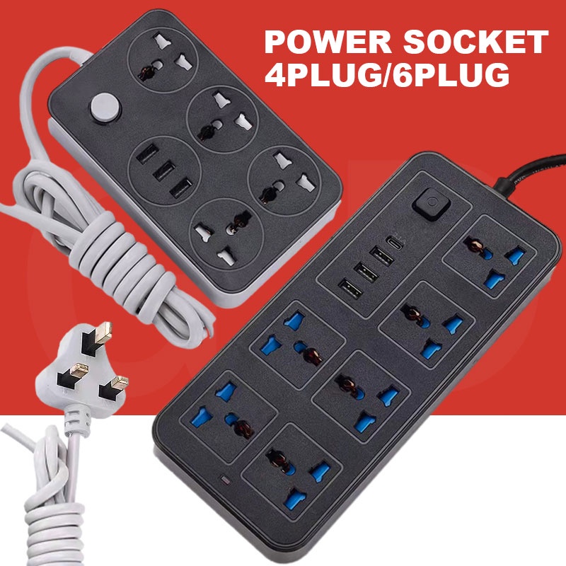 Universal Electric Socket 6 Power Socket Extension Wire Usb Ports Wayar