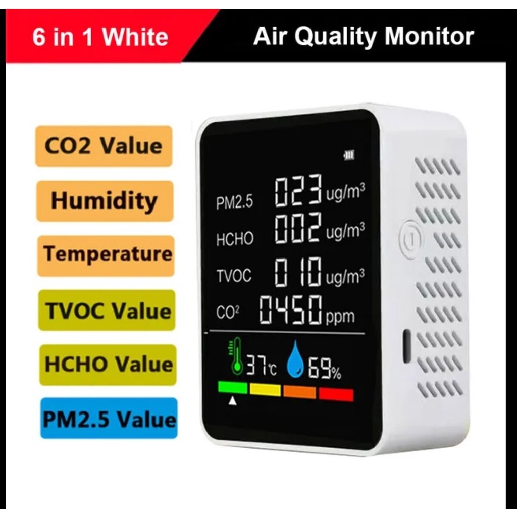 [6 in 1] PM2.5,CO2,TVOC,HCHO Air Quality Monitor,Harmful Air Pollution Detector Indoor Outdoor w ...