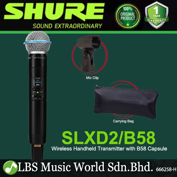 Shure SLXD2/B58 Digital Wireless Handheld Microphone Transmitter with B58 Interchangeable Mic ...