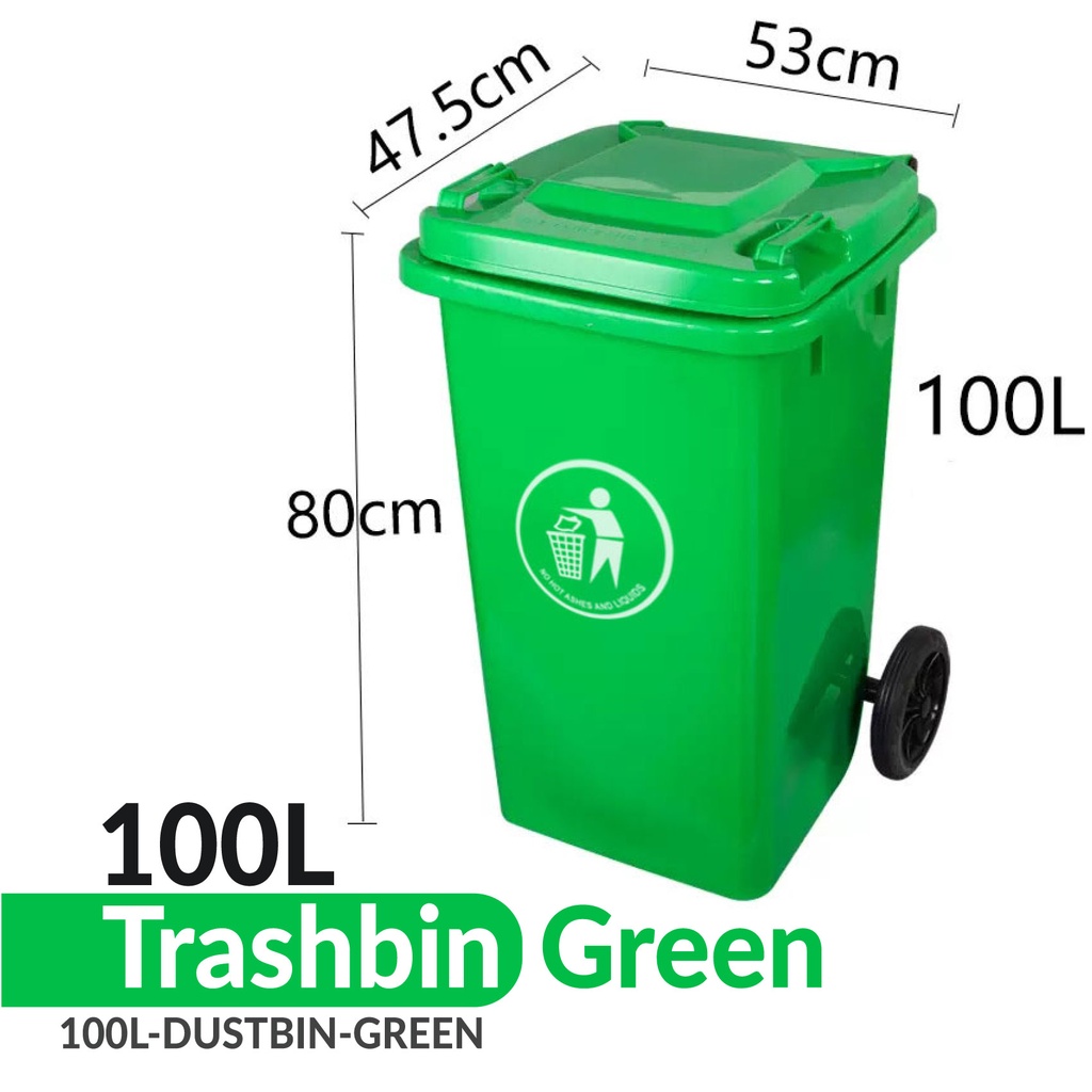 100L Trash Bin Outdoor Dustbin with Wheel Lid Tong Sampah Hijau Luar ...