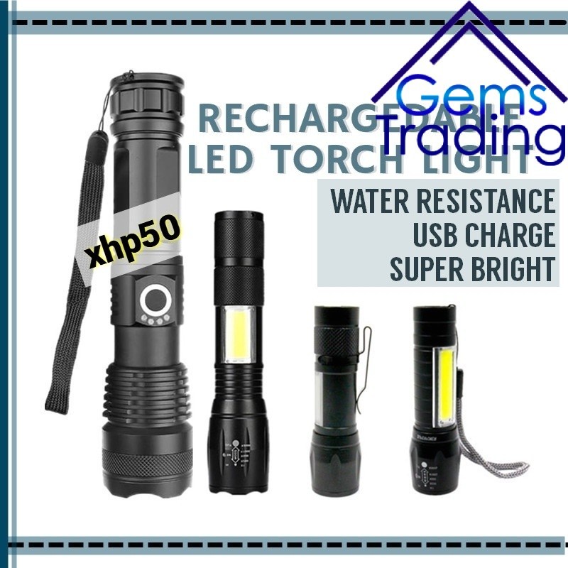 STRAP 2 Mode Rechargeable Waterproof CLIP/X51005/P50 LED Torch Light WITH STRAP XPE + COB USB ...