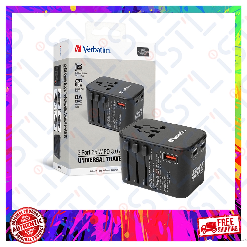 Verbatim 3 Port 65W PD 3.0 & QC 3.0 GaN Universal Travel Adaptor ...