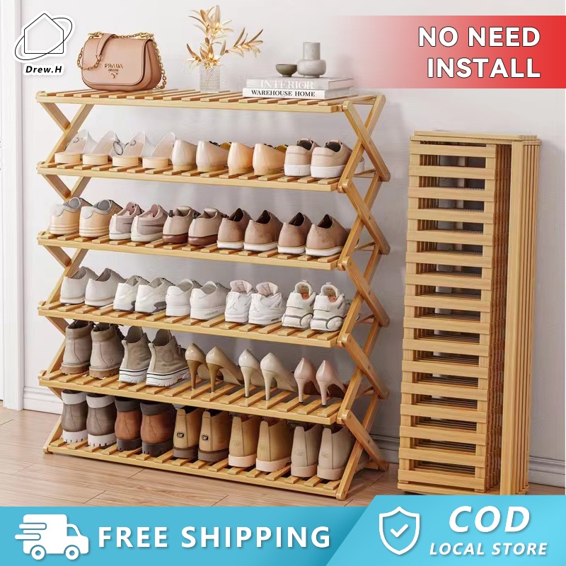 3/4/5/6 Tiers Wooden Shoe Rack Foldable Portable Multifunctional ...