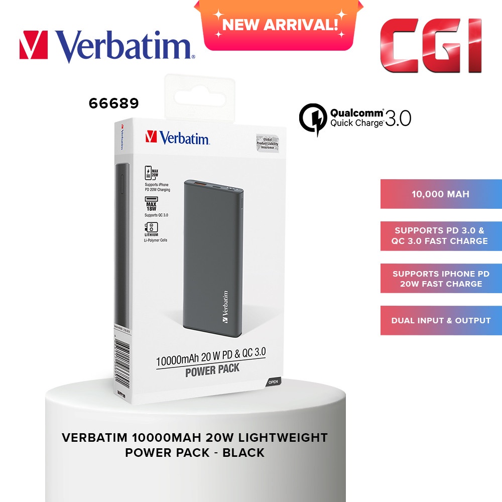 Verbatim 66689 10000mAh 20W Lightweight Power Pack (PD 20W + QC 3.0 ...