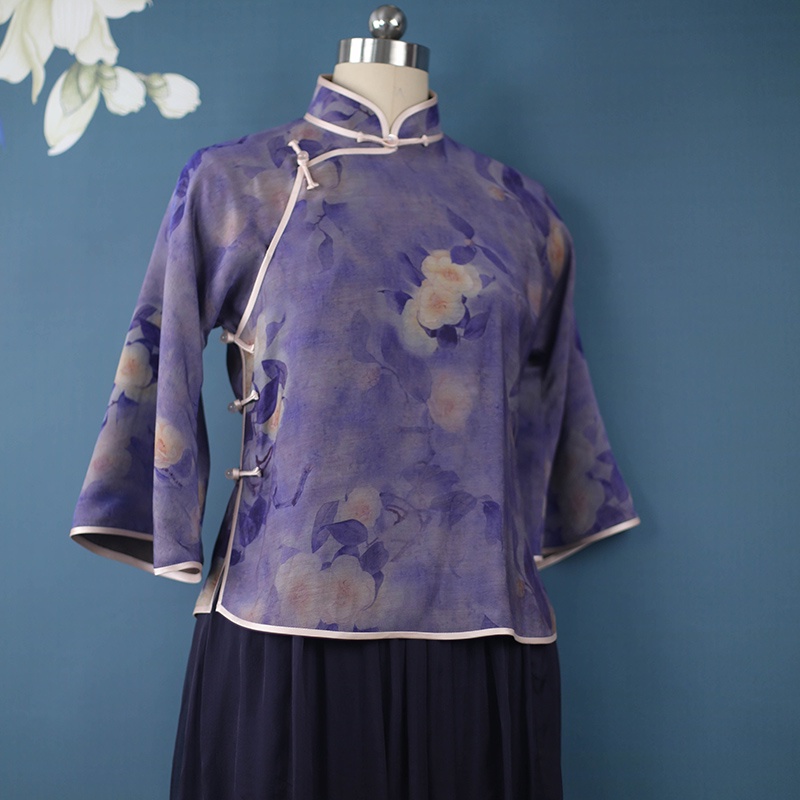 Qipao Top & Cheongsam Top - Purple Flower Print - Vintage Cheongsam ...