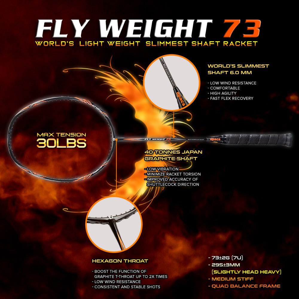APACS FLYWEIGHT 73 BLACK ORANGE BADMINTON RACKET 7U (WORLD SLIMMEST ...