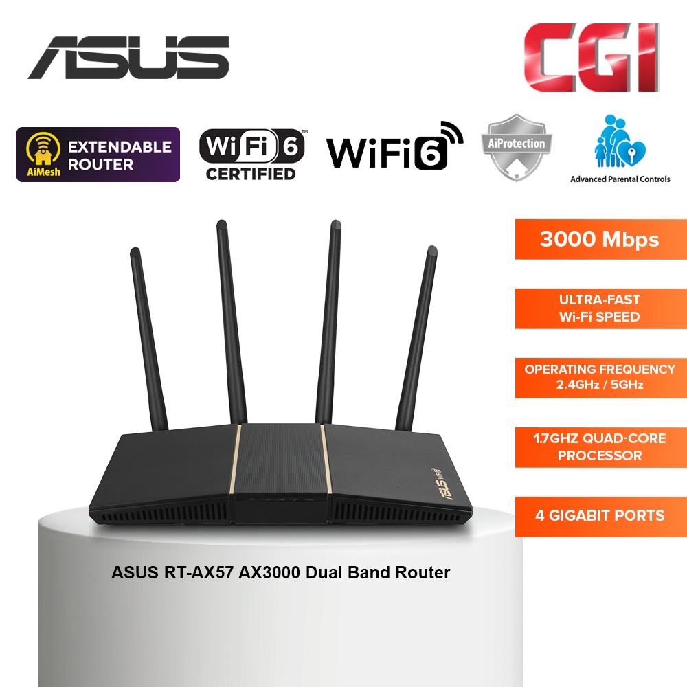 Asus RT-AX57 (AX3000) 1024 QAM 3000MBPS Dual Band WiFi 6 Free Network ...