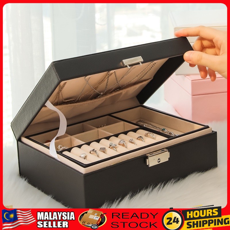 Double-layers PU Leather Jewelry Box Kotak Barang Kemas Necklace Earring Ring Casket Makeup ...