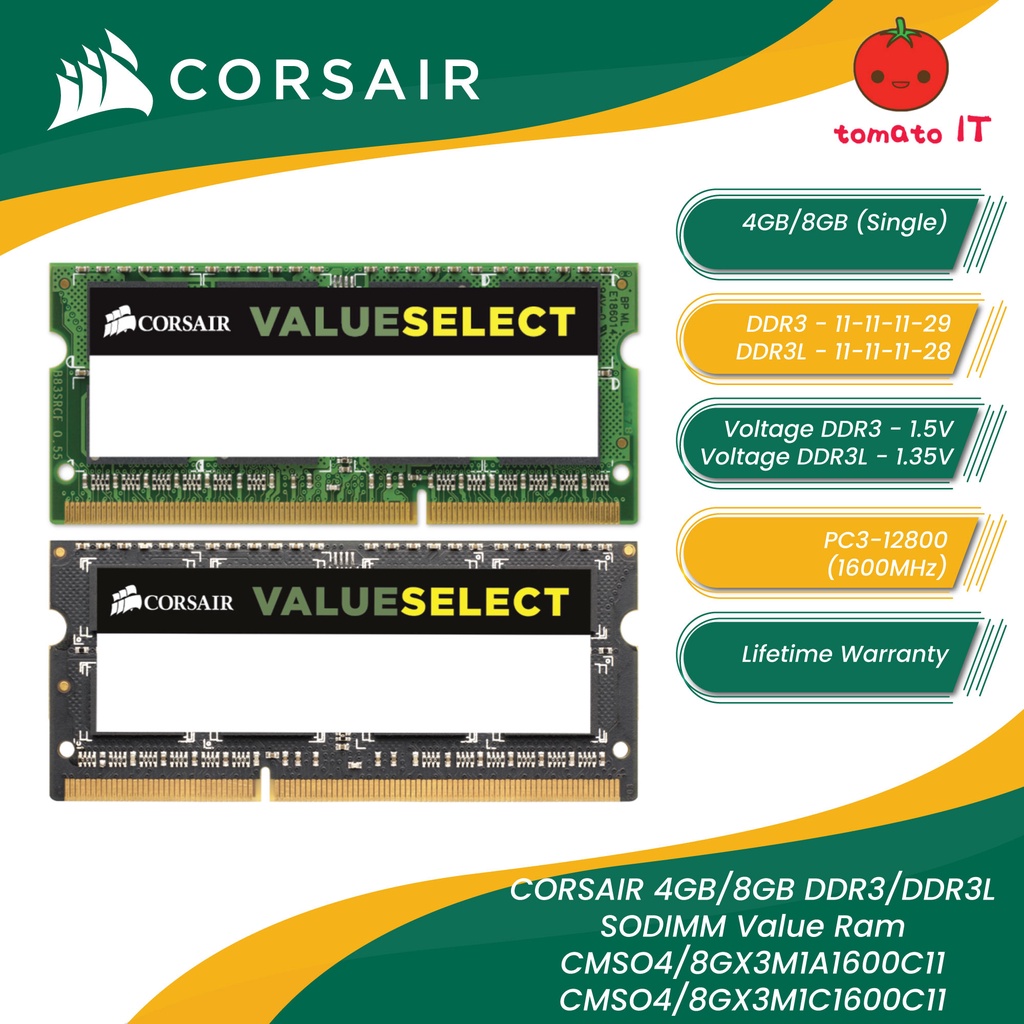 CORSAIR Value Select 4GB/8GB 1600MHz DDR3/DDR3L SODIMM | Shopee Malaysia