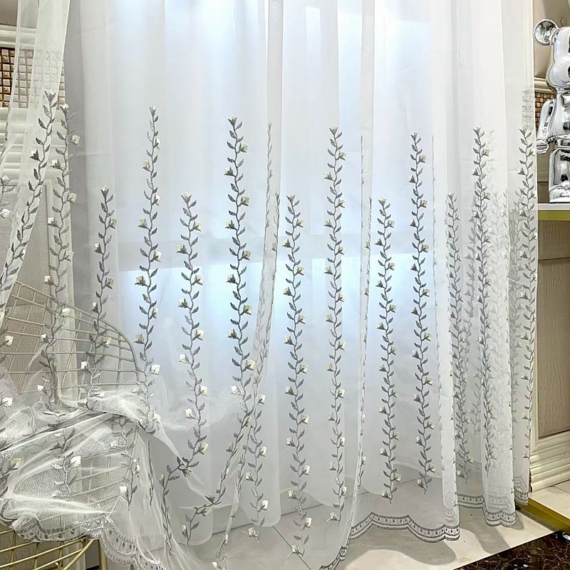 Grey White Embroidered Leaf Sheer Curtains for Living Room Light ...