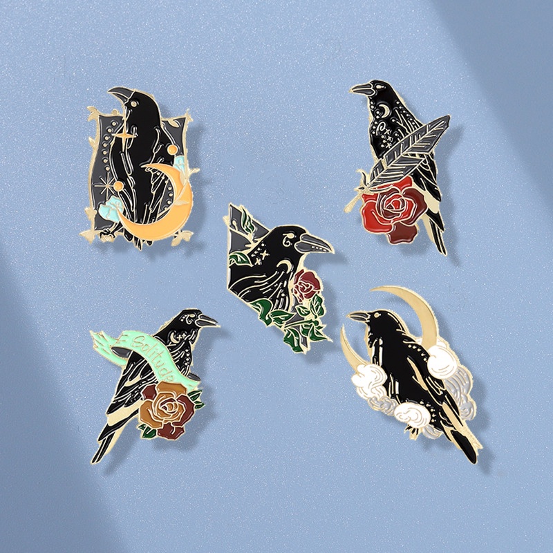 Dark Animals Hard Enamel Pins Moon Stars Rose with Black Feathers Bird ...