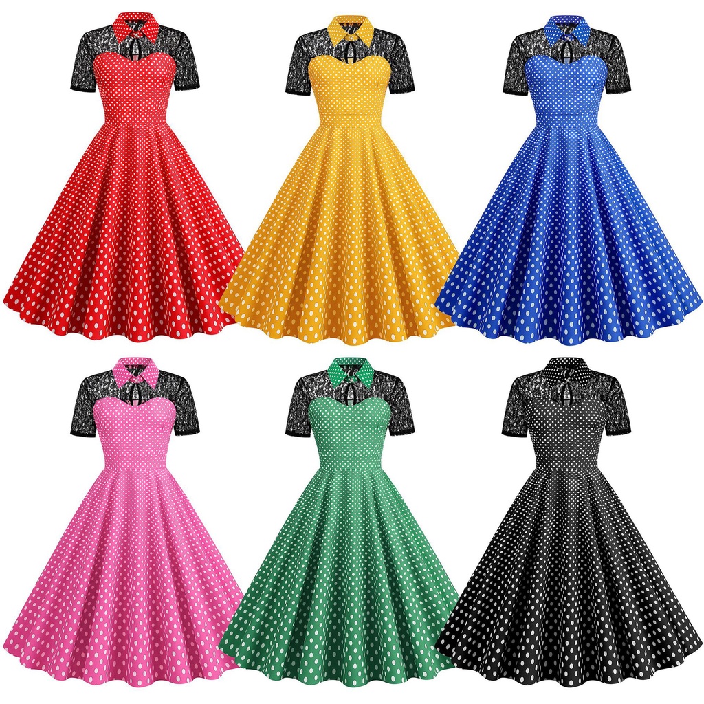 Vintage Evening Dress Party Dresses Lace Stitching Lapel Retro Polka ...
