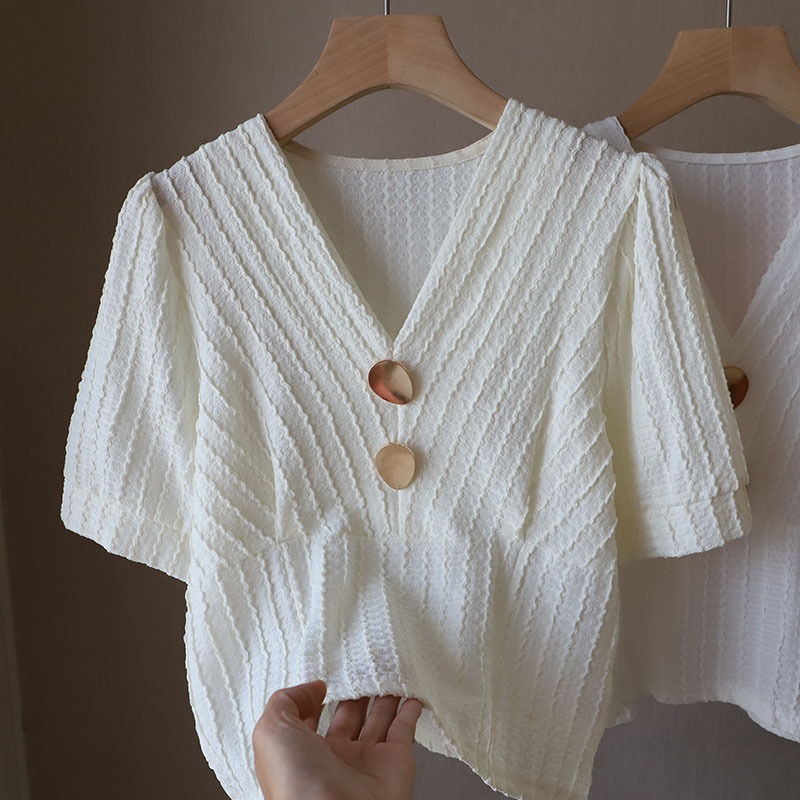 Summer New Product Korean Version V-Neck Two-Button Shirt Three ...