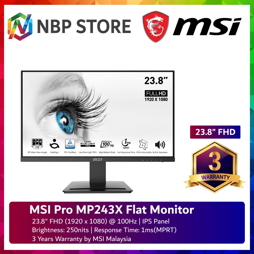 MSI Pro MP243X 23.8" FHD 100Hz Flat Monitor Black (HDMI, DisplayPort ...