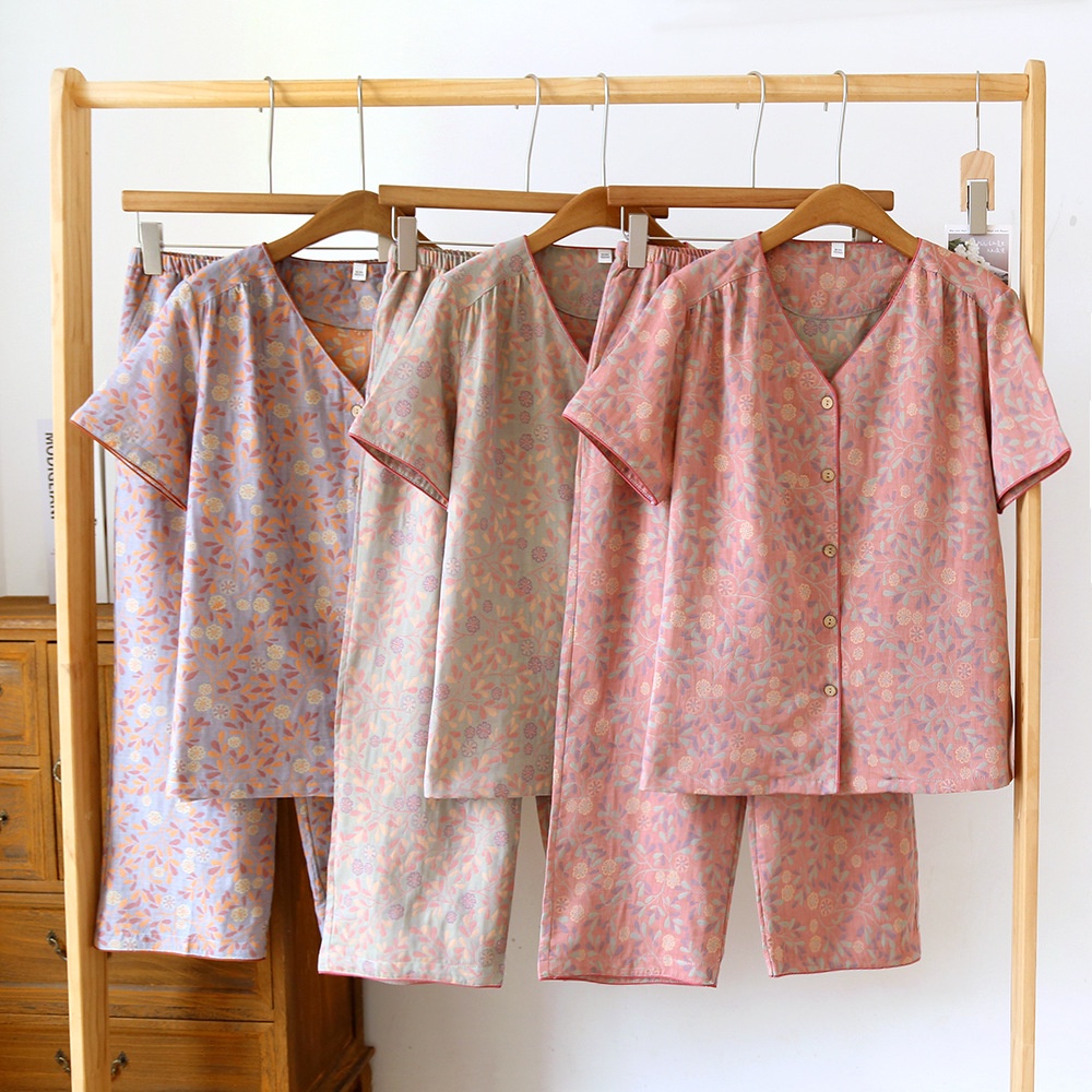 [Ready Stock]Women Jacquard Cotton Gauze Short Sleeve Cropped Pants ...