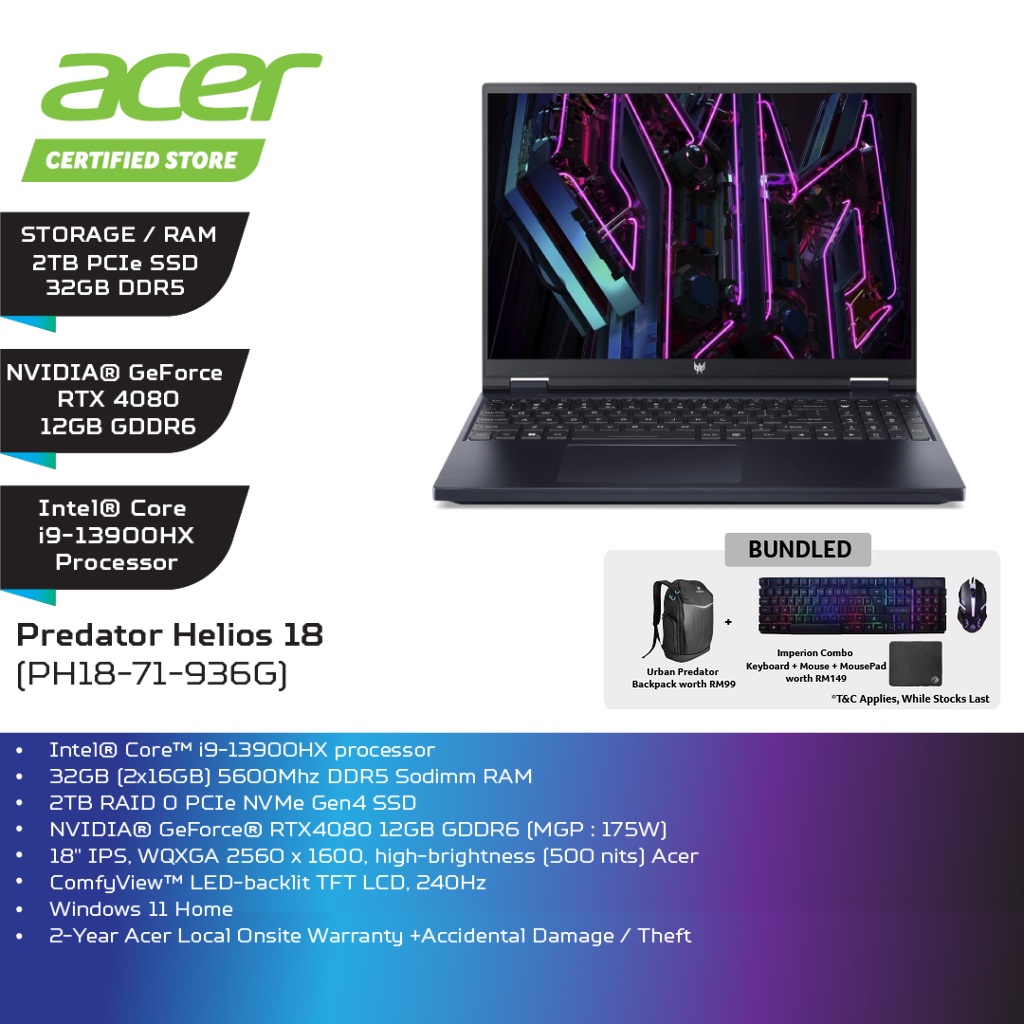 Acer Predator Helios 18 PH18-71-936G 18" WQXGA 240Hz Gaming Laptop ( I9-13900HX, 32GB, 2TB SSD ...