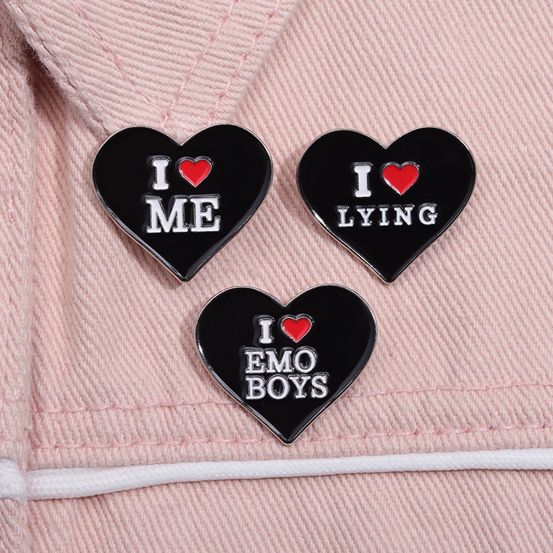 I Love Emo Boys Enamel Pin Brooches Creative I Love Texts Black Heart ...