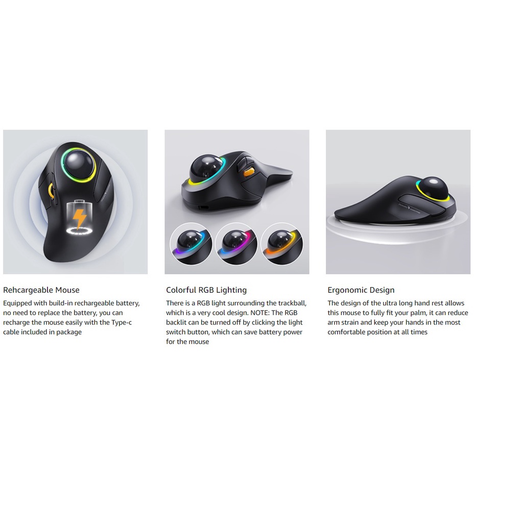 JOMAA RGB Backlit Bluetooth Trackball Mouse Wireless 2.4G Rechargeable ...