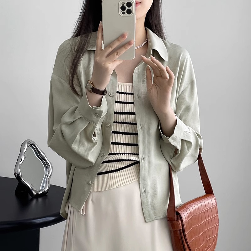 BH Korean ladies loose ice silk blouse folding collar long sleeve sun ...
