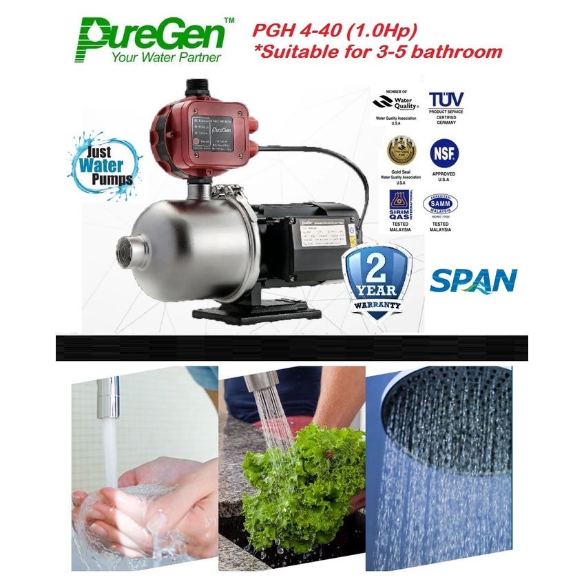 PureGen PGH 4-40 (1.0Hp / 750w) Auto Stainless Steel Multi-Stage Water ...