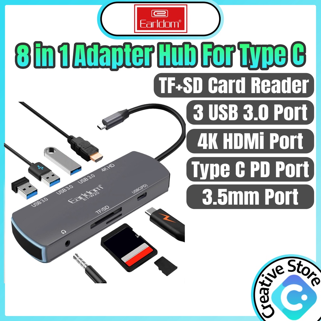 Adapter Hub Earldom Adapter 8in1 Hub Card Reader for TF Card / SD Card ...