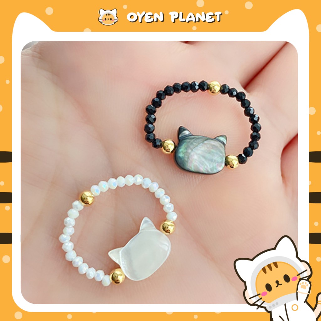 OYEN PLANET Cat Face Crystal Shell Ring Cincin Kucing Krystal Black ...