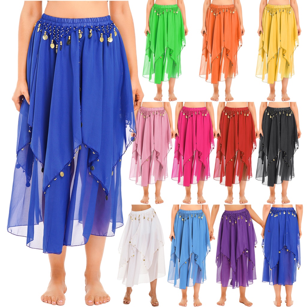 Womens Belly Dance Performance Costume Sequin Beaded Chiffon Skirt ...