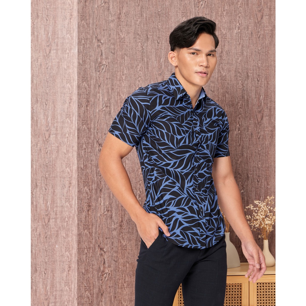 I Am Famous Slim Fit Shirt - Navy Black Leaf | Shopee Malaysia