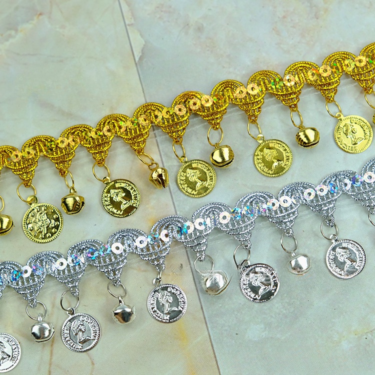 9 Meters Bell Pendant Gold Coin Lace Tassel Metallic Sequins Gold Lace ...