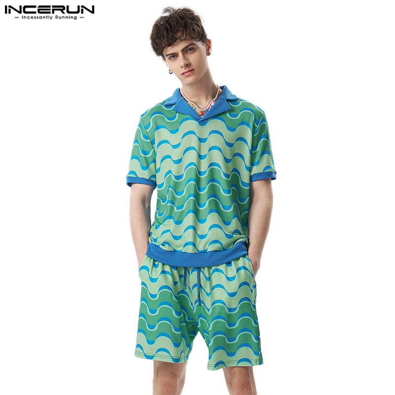 INCERUN Men's Fashion Wave Pattern Two Piece Set | Shopee Malaysia