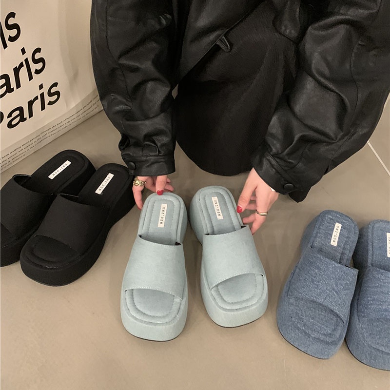 Women Thick-soled One-word Slippers Summer Wear Platform Shoe Cloth ...