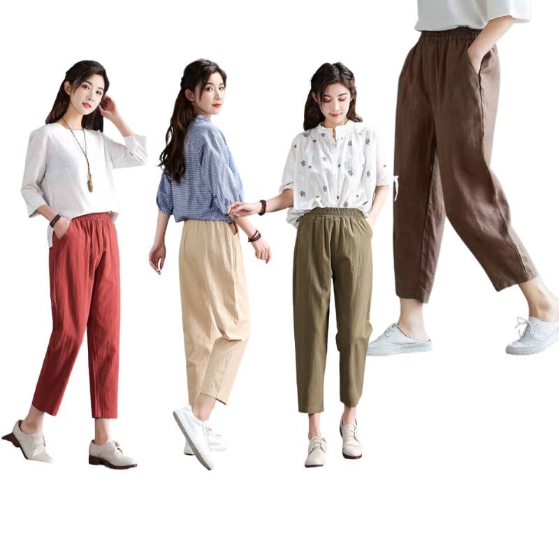 Women Cotton Linen Cropped Trousers Loose Casual Pants Plus Size High ...