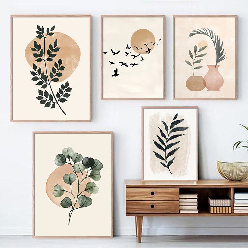 With Frame - Bohemian Plant Leaf Sun Birds Abstract Posters Prints Boho ...