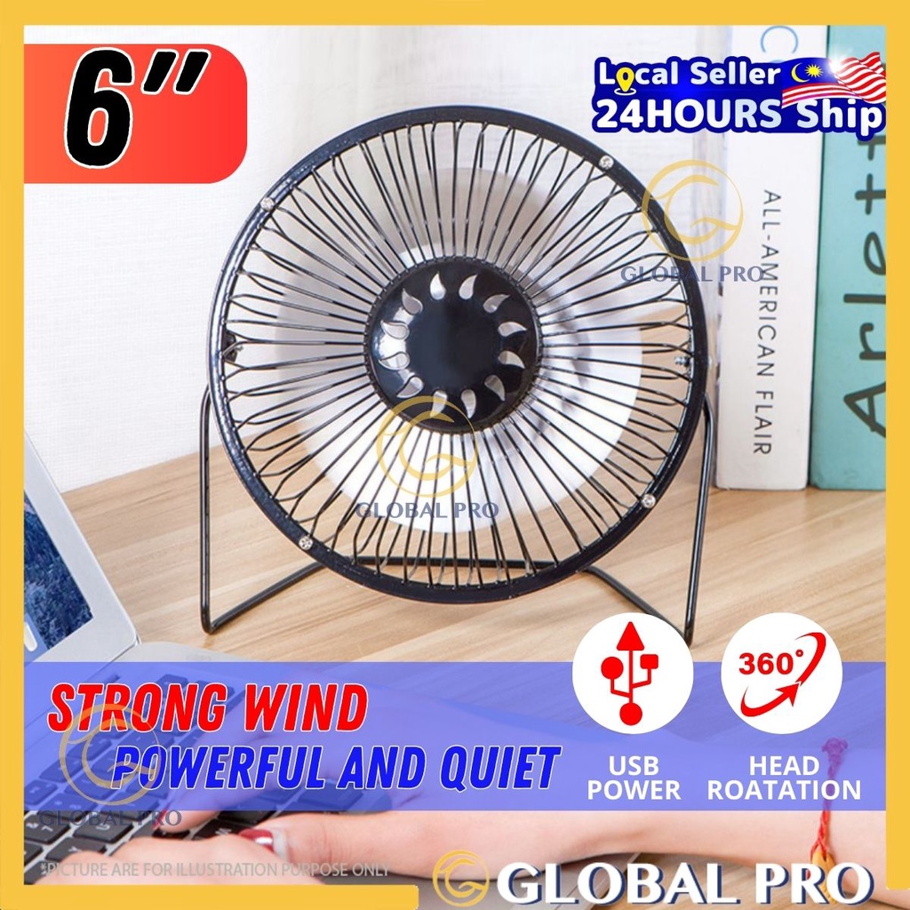LARGE 6 Inch Table Fan Strong Wind Portable Tabletop Mini Metal USB Fan ...