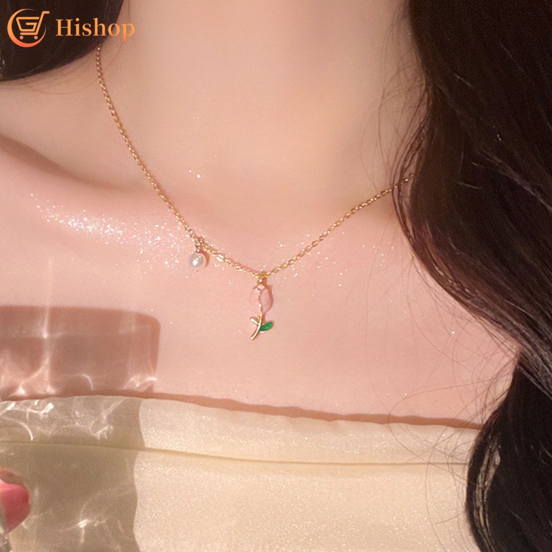 Pink Tulips Pearl Necklace for Women Gold Chain Choker Sweet ...
