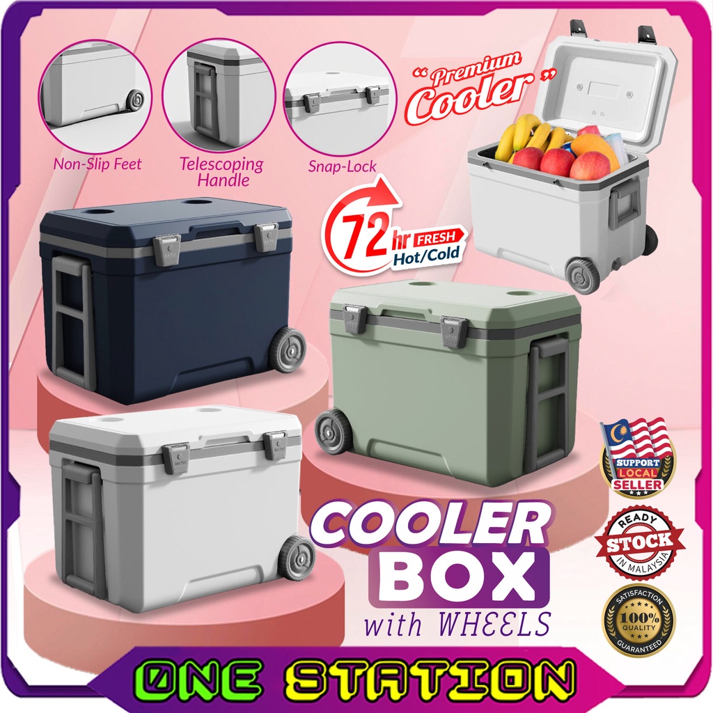 45L Cooler Box with Wheel Roller Portable Outdoor Food Storage Camping ...