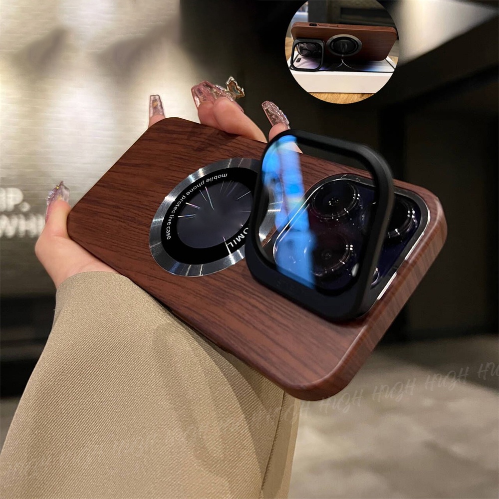 Built-in stand wireless charging phone case wood grain with lens cover ...