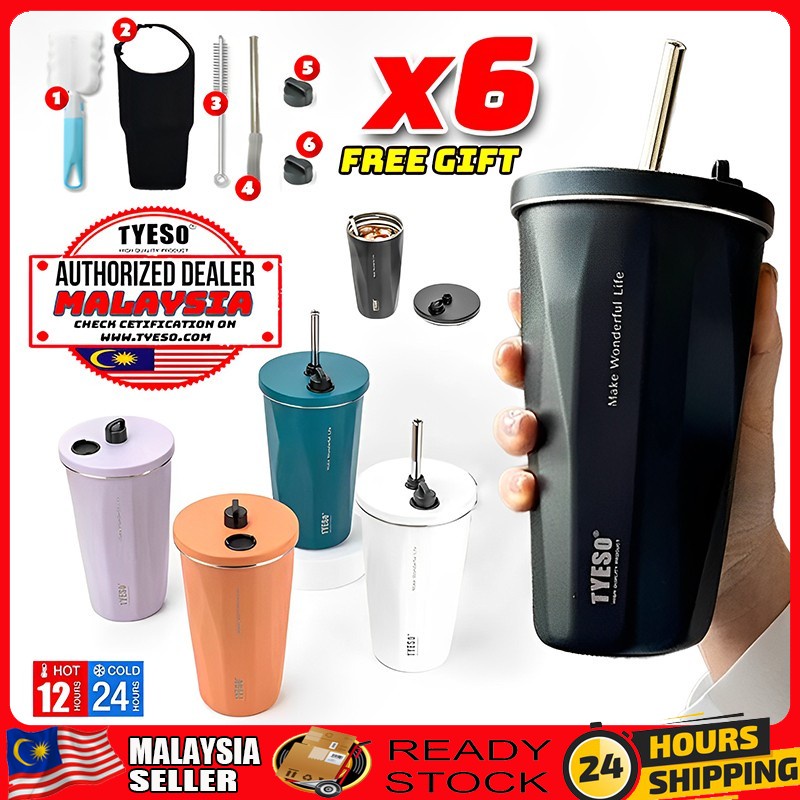 【AUTHORIZED DEALER】Tyeso Tumbler 600ml Coffee Mug 6xGifts Retractable Straw 304 Stainless Steel ...
