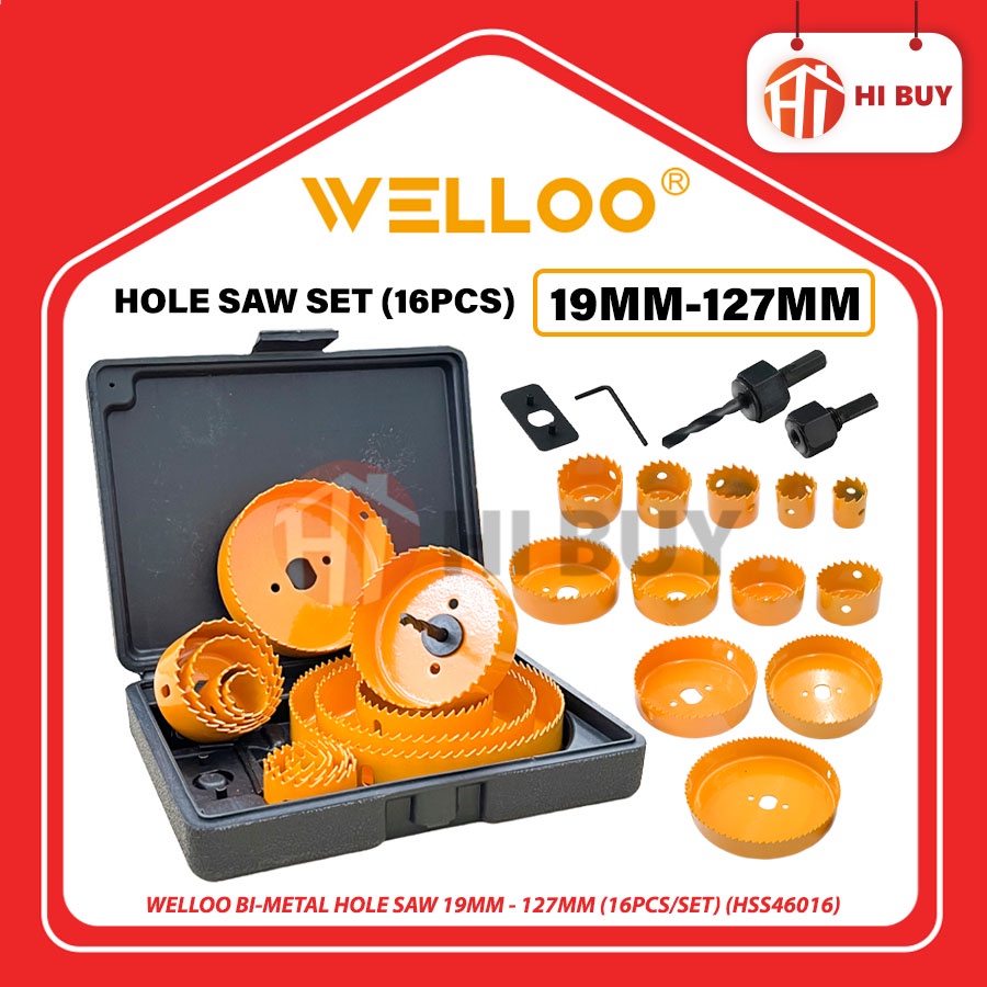 WELLOO HOLE SAW SET (16 PCS/SET) 19MM-127MM/ SHARPENED TEETH WOOD HOLE ...